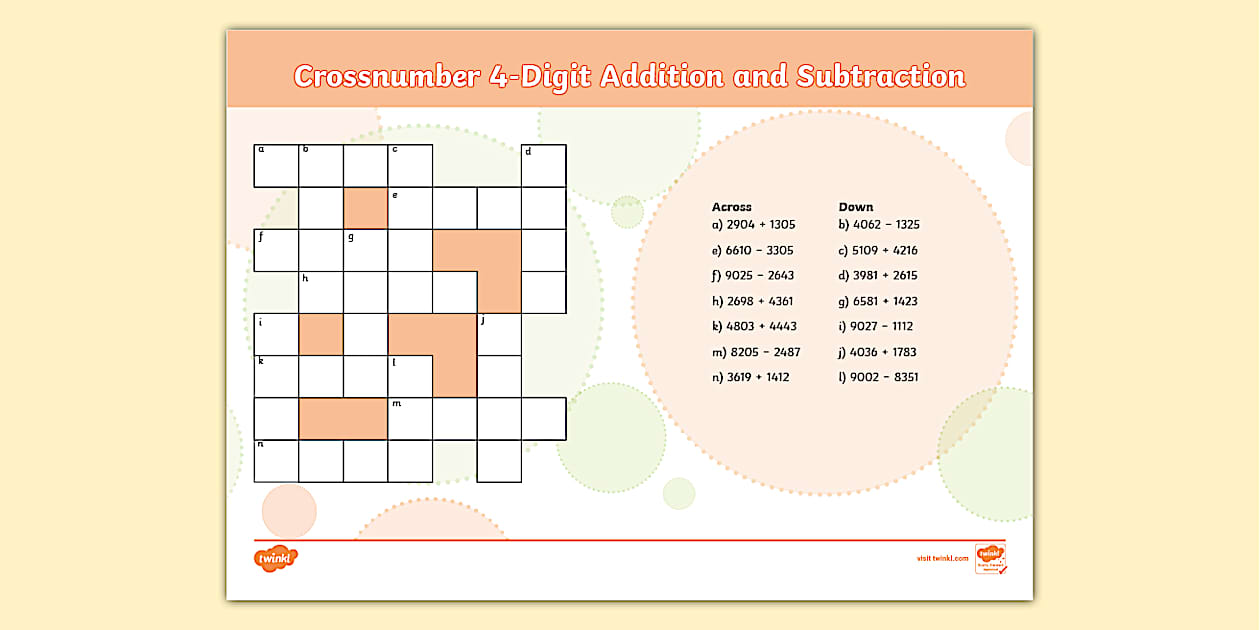 LKS2 Crossnumber 4-Digit Addition and Subtraction Worksheet / Worksheet