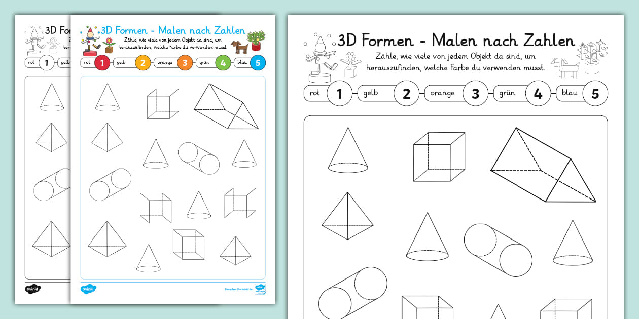 3D Formen Malen nach Zahlen - Arbeitsblatt - Twinkl