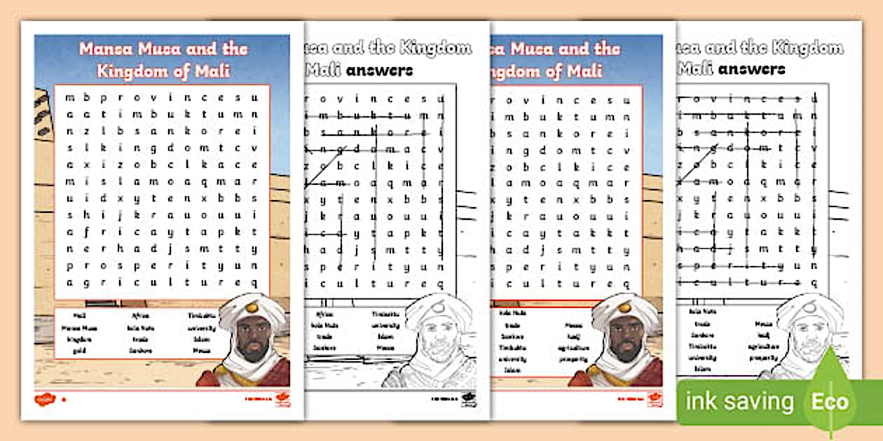 Black and White Mansa Musa and the Kingdom of Mali Word Search