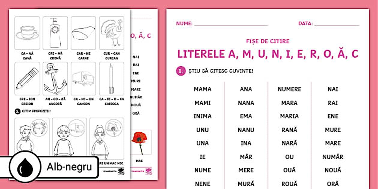 Fișă de citire (a, m, u, n, i, e, r, o, ă, c)