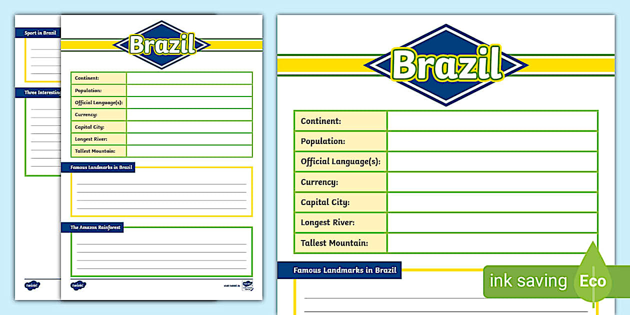 Brazil Fact File Template 5th and 6th Class (teacher made)