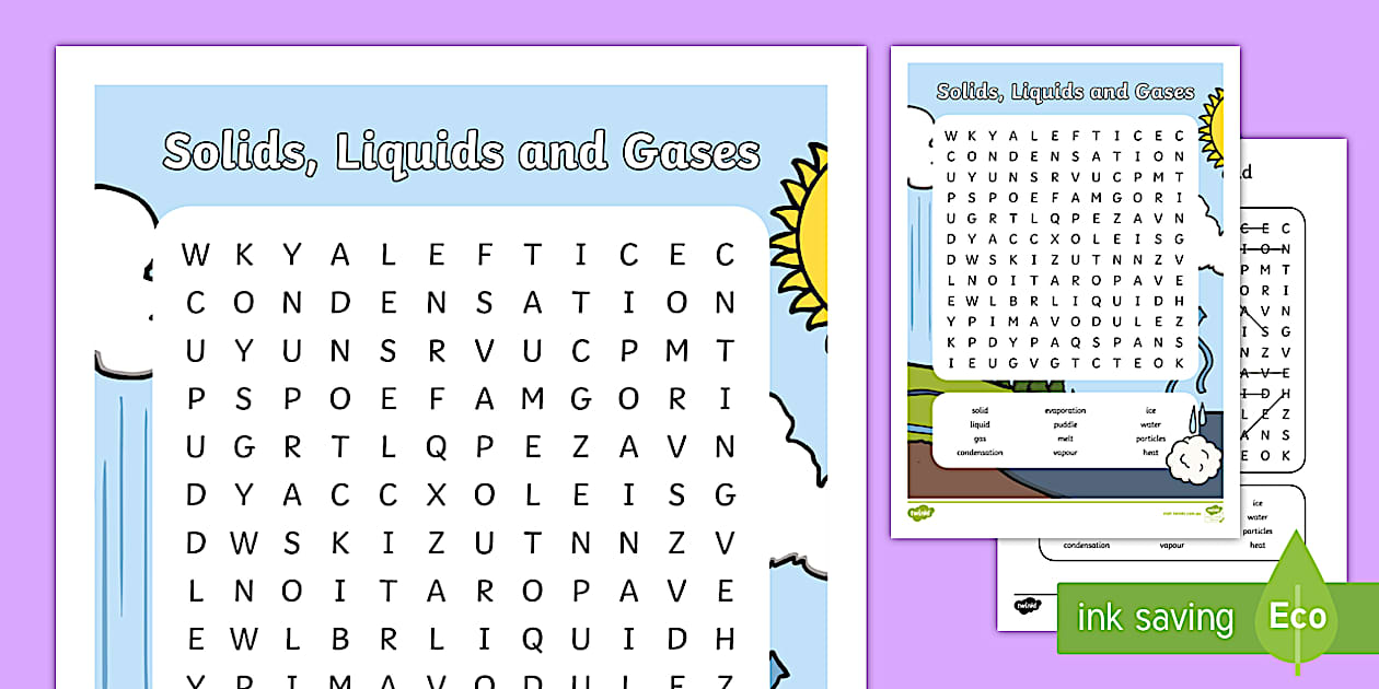 Solids, Liquids and Gases Word Search - F-2 - Science