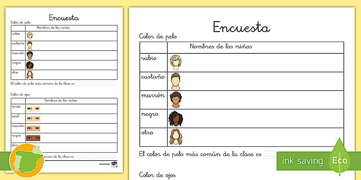 Ficha de matemáticas: Encuesta de pelo y ojos de la clase