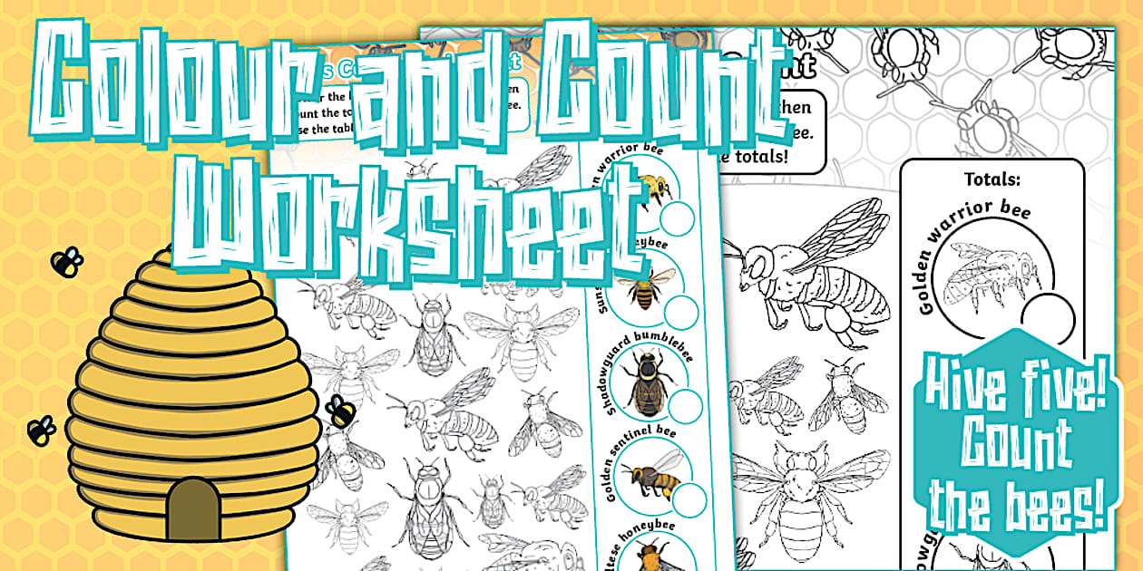 Bees Colour and Count Worksheet - Twinkl