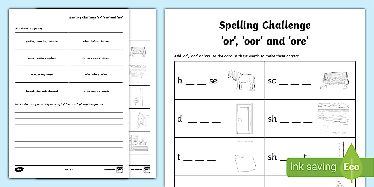 Spelling Challenge 'or', 'oor' and 'ore' (teacher made)