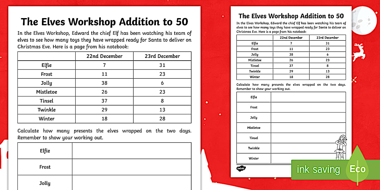KS1 The Elves Workshop Addition to 50 Worksheet / Worksheet