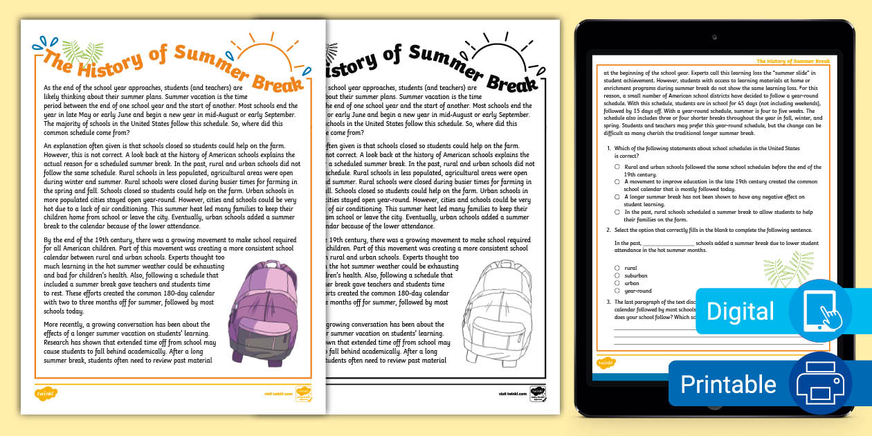 Sixth Grade History of Summer Break Comprehension Worksheet