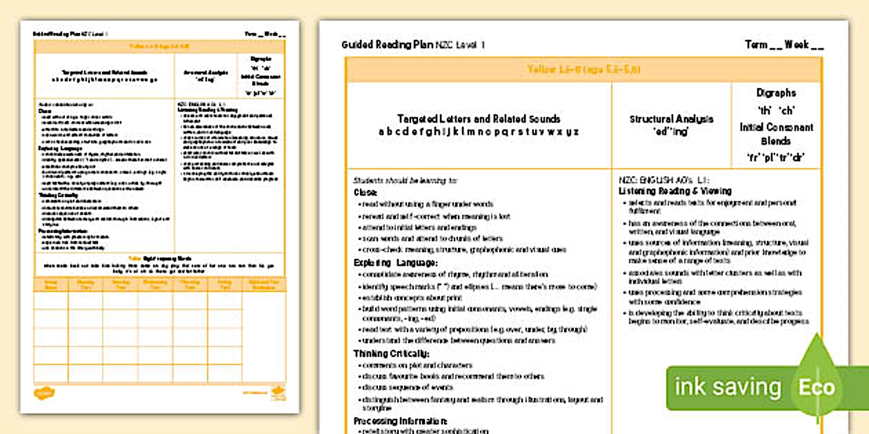 New Zealand Yellow Guided Reading Weekly Plan