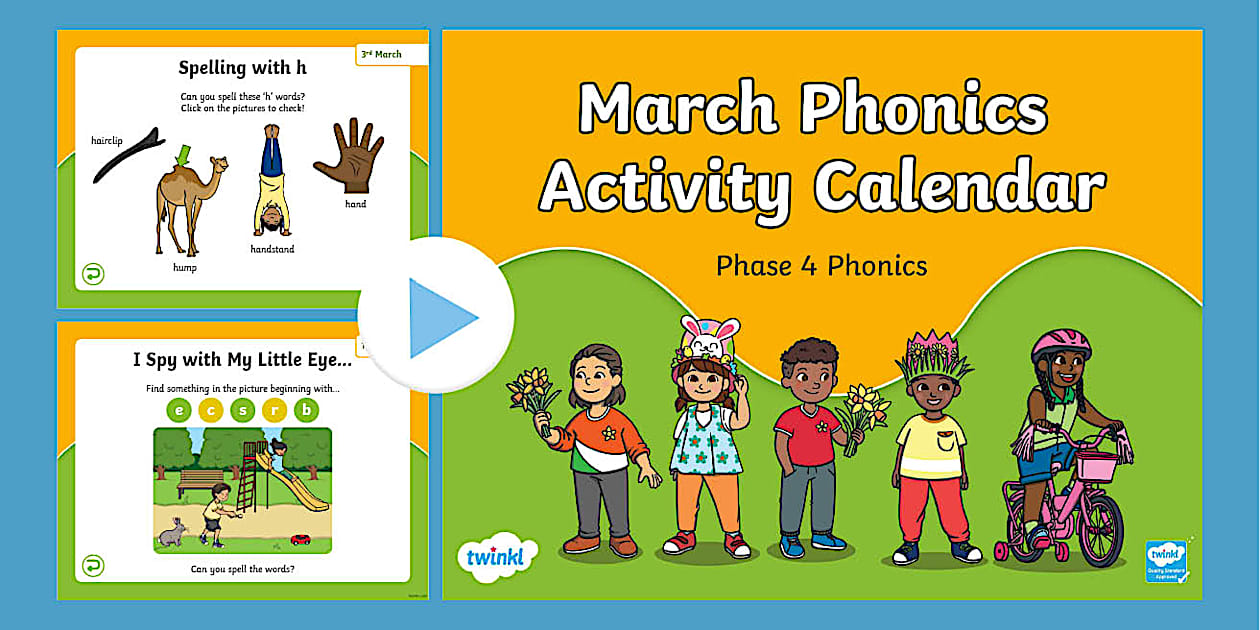 Phase 4 March Phonics Activity Calendar PowerPoint - Twinkl