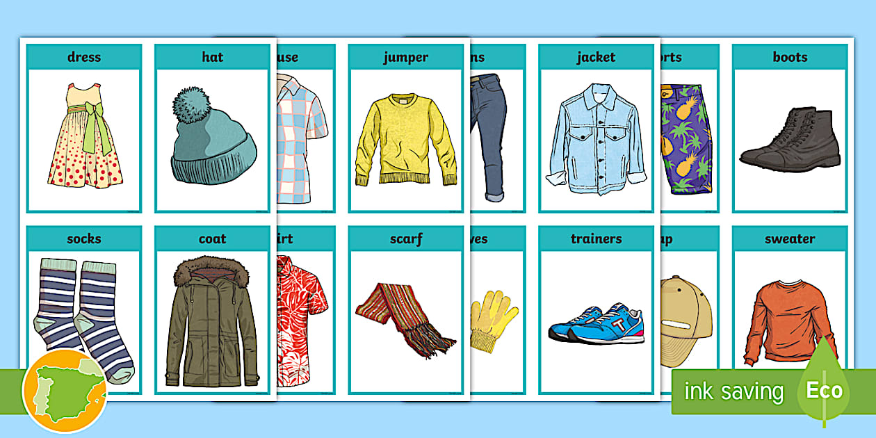 Editable A2 Tarjetas de vocabulario: Ropa - inglés - Twinkl