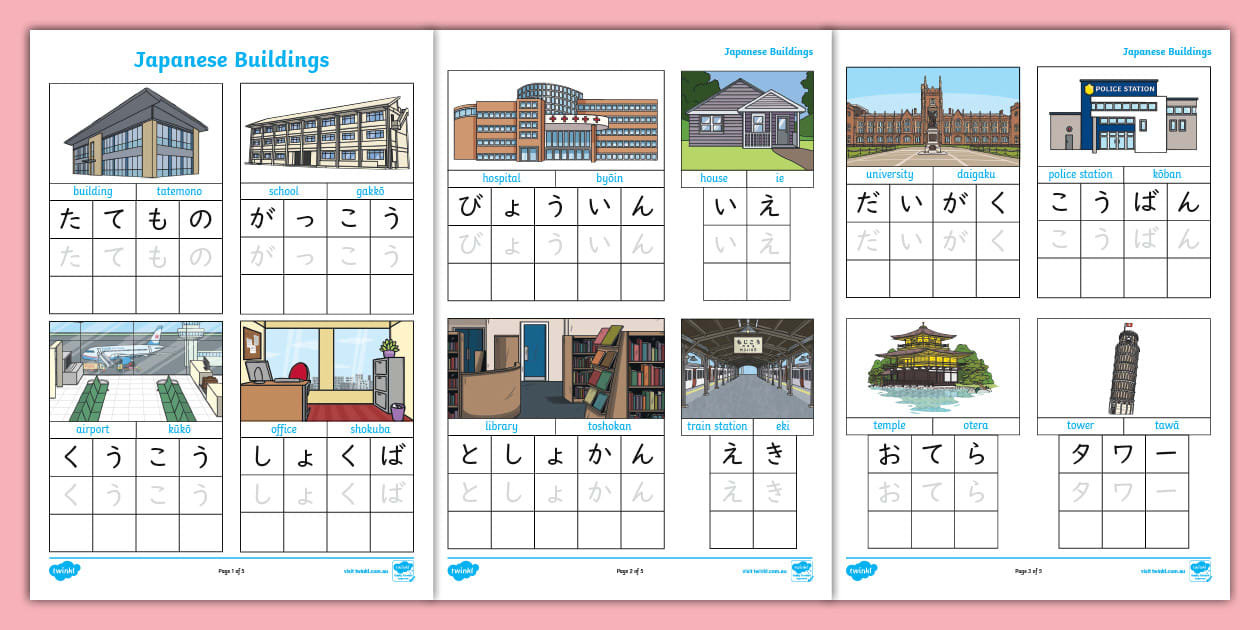 Japanese Buildings Trace and Write Practise Sheets - Twinkl
