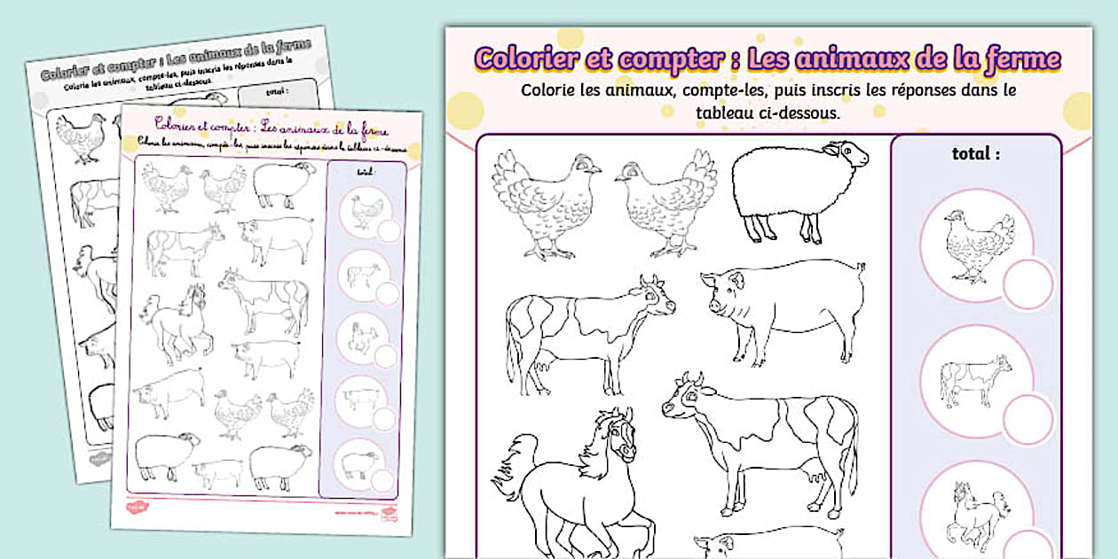 Fiche de numération : Les animaux de la ferme - Twinkl