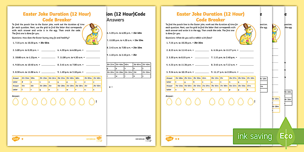 Middle Ability Easter Joke Time Duration (12-Hour Clock) Code Breaker