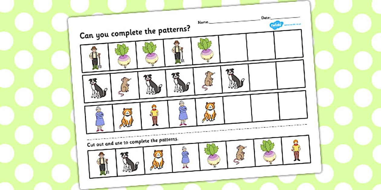 Lower Ability The Enormous Turnip Complete the Pattern Worksheets