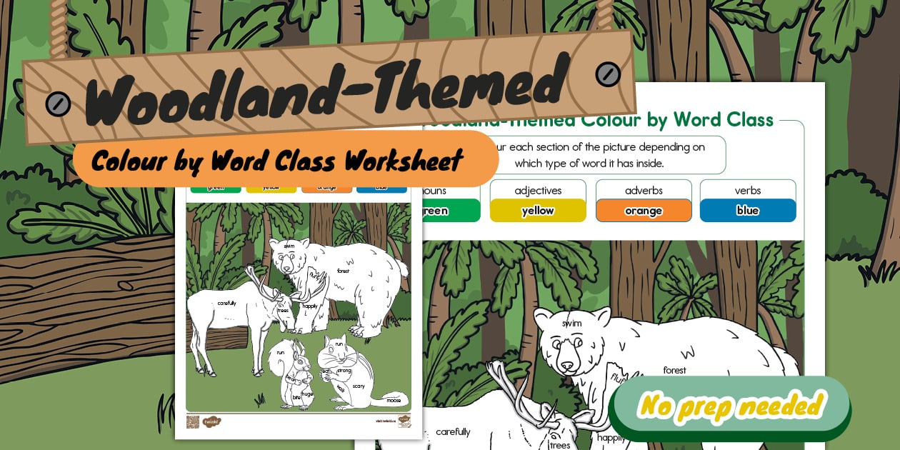 Woodland-Themed Colour by Word Class Worksheet