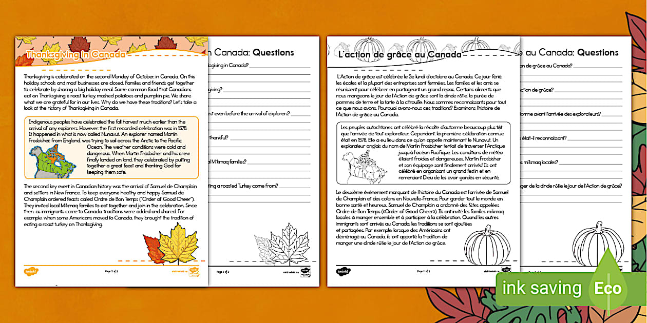 Thanksgiving in Canada Reading Comprehension