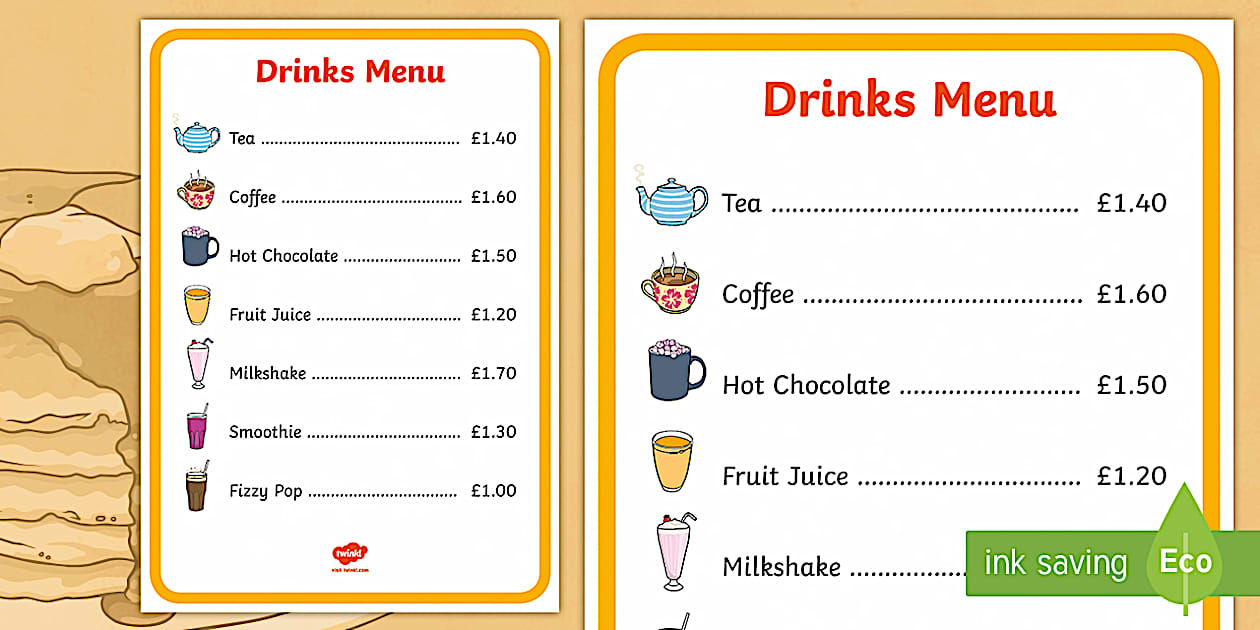 Pancake Cafe Drinks Role Play Menu (teacher made) - Twinkl
