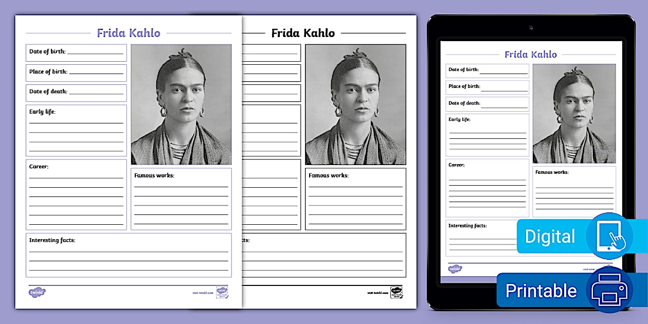 All About Frida Kahlo Research and Write Worksheet - Twinkl