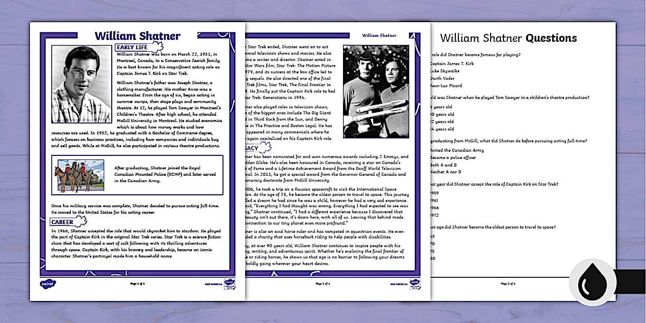 William Shatner Intermediate Reading Comprehension - Twinkl