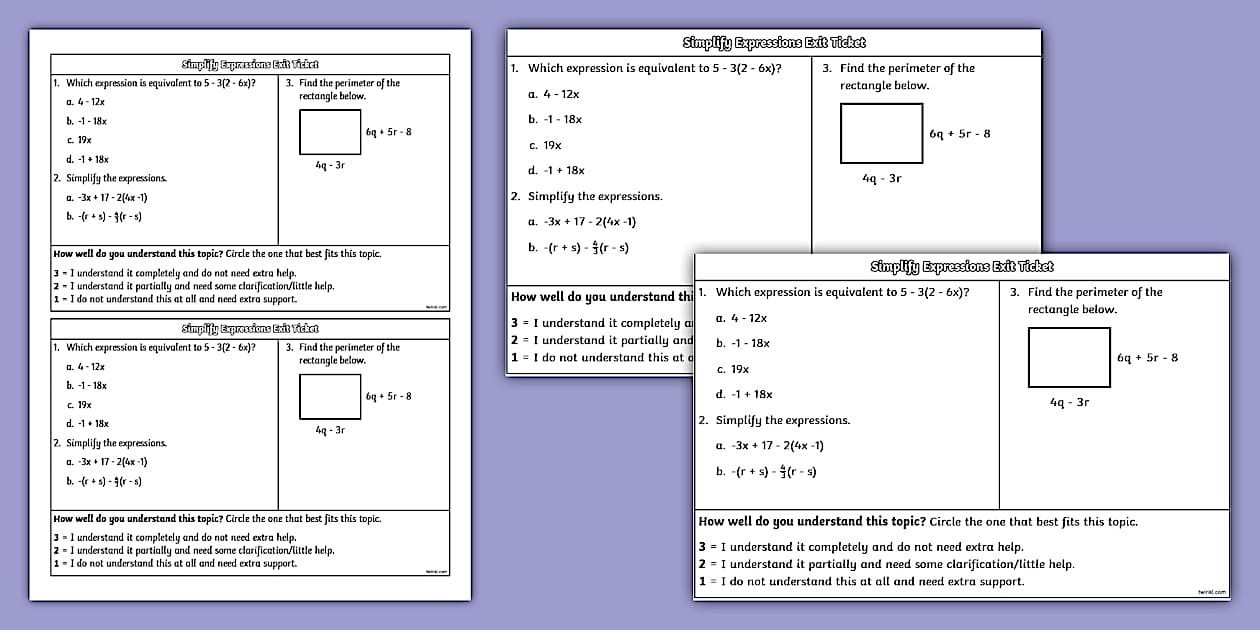 Seventh Grade Simplify Expressions Exit Ticket - Twinkl