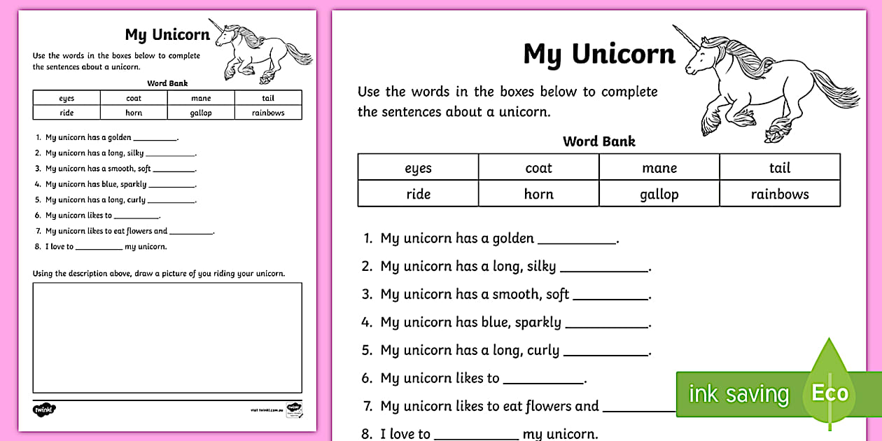 TAS My Unicorn Cloze Worksheet (teacher made) - Twinkl