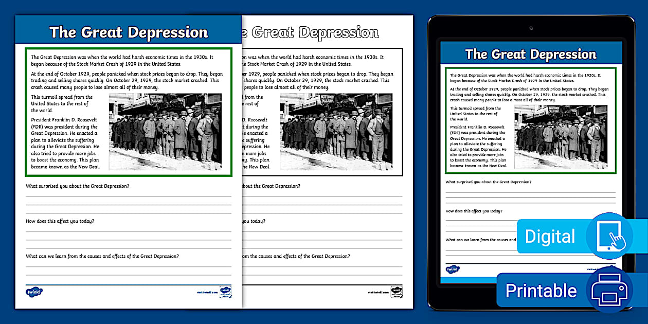 Fourth Grade Great Depression Reading Response Activity Worksheet