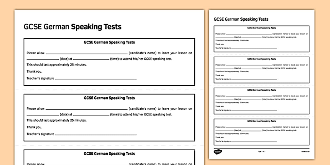 GCSE German Speaking Test Appointment Slip Template - Twinkl