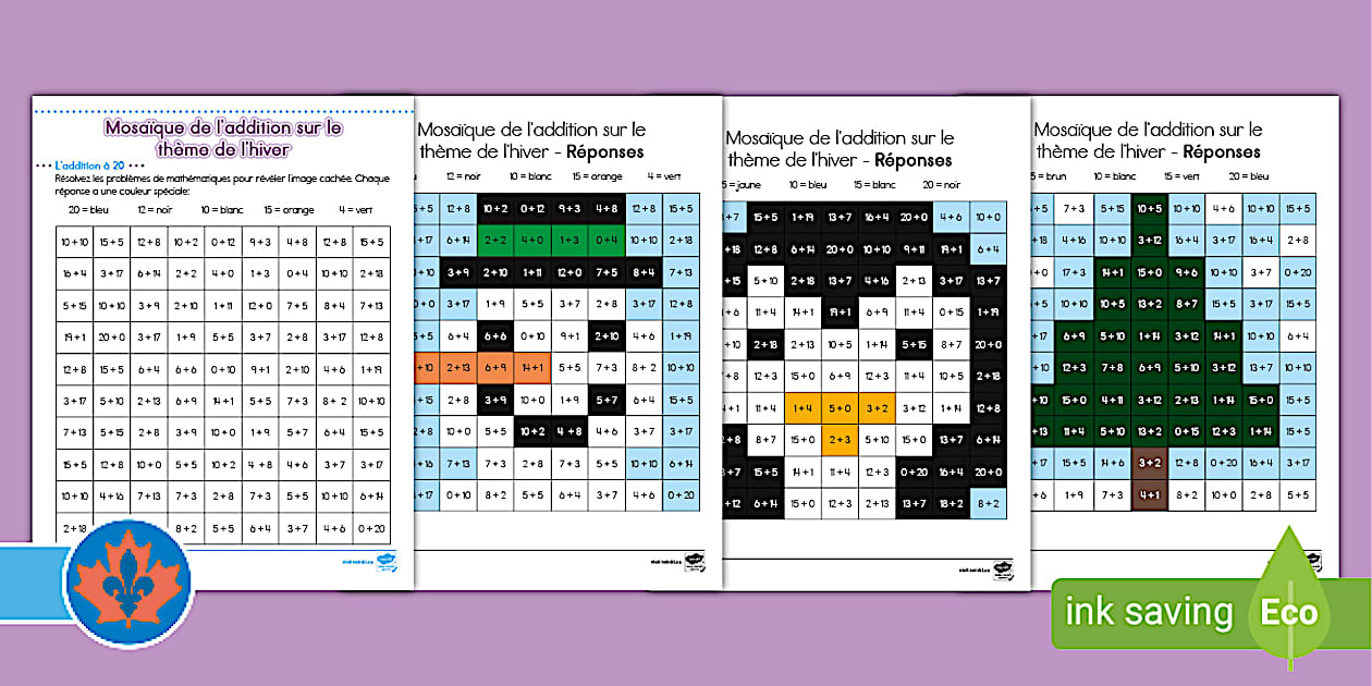 Winter Addition Mosaic Worksheets French (teacher made)