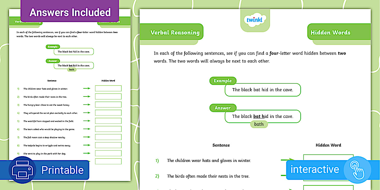Verbal Reasoning - Hidden Words - Twinkl Puzzled - Twinkl