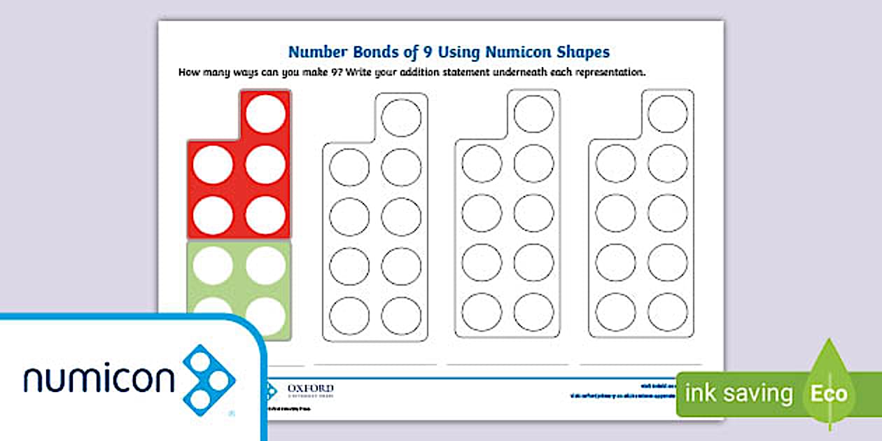 Number Bonds of Nine Using Numicon Shapes Activity Sheet