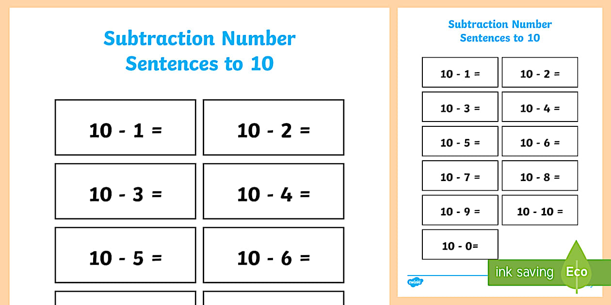 Subtraction Number Sentences to 10 - Subtraction Number Sentences to 10
