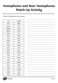 Years 3 and 4 Homophones and Near Homophones Worksheets