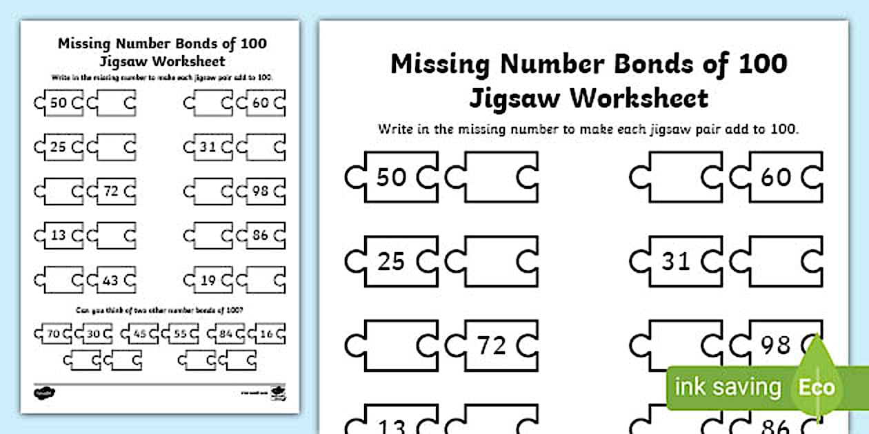 Editable Missing Number Bonds of 100 Jigsaw Worksheet