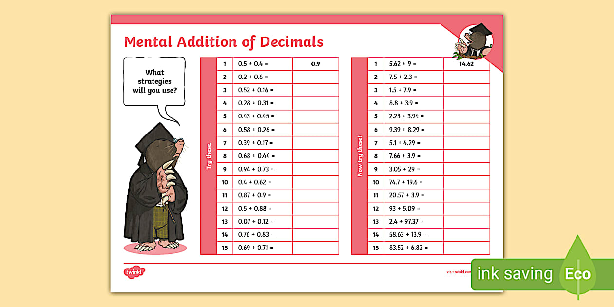 Mental Addition of Decimals (Teacher-Made) - Twinkl