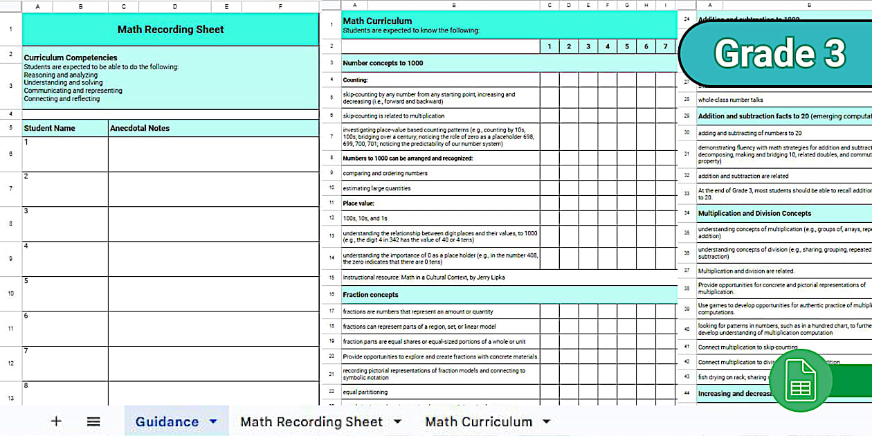 British Columbia Grade 3 Math Editable Recording Sheet