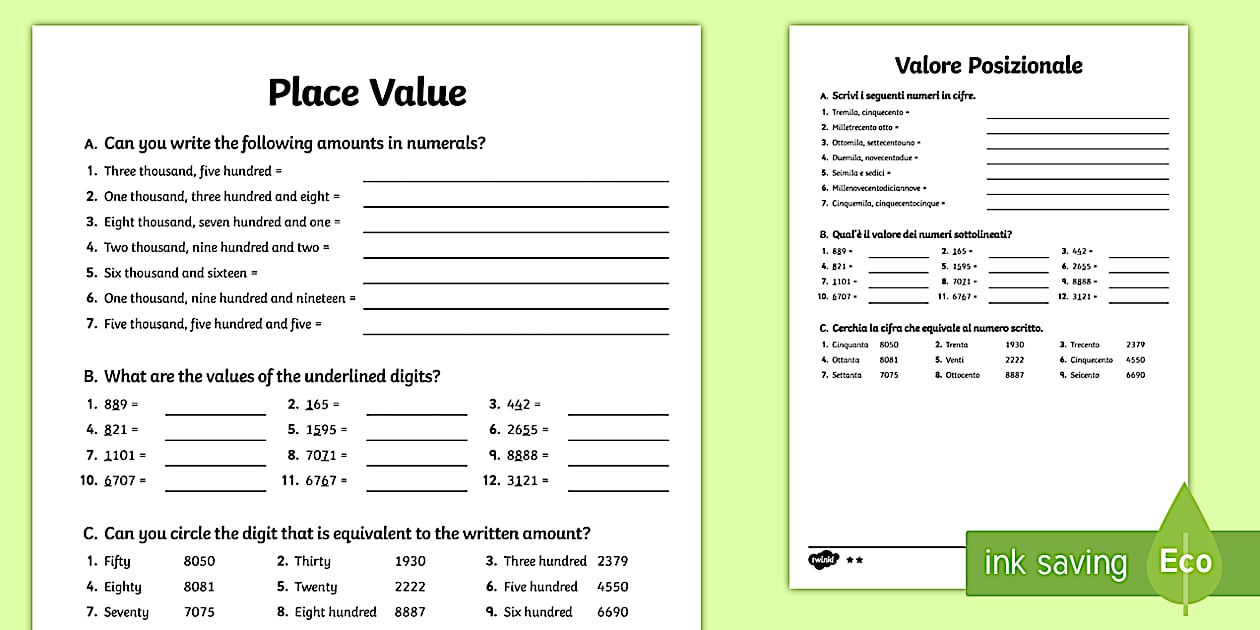 Middle Ability Place Value Worksheet Differentiated English/Italian