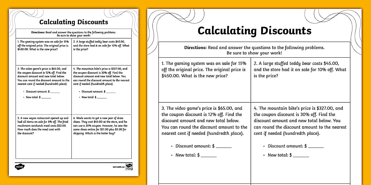 Seventh Grade Calculating Discounts Practice (teacher made)