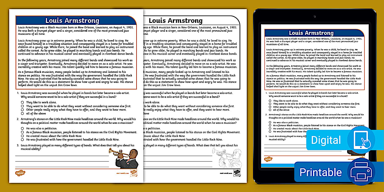 Eighth Grade Louis Armstrong Reading Passage Comprehension