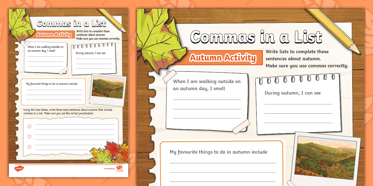 Autumn-Themed Commas in a List Worksheet - KS2 - Grammar - Twinkl