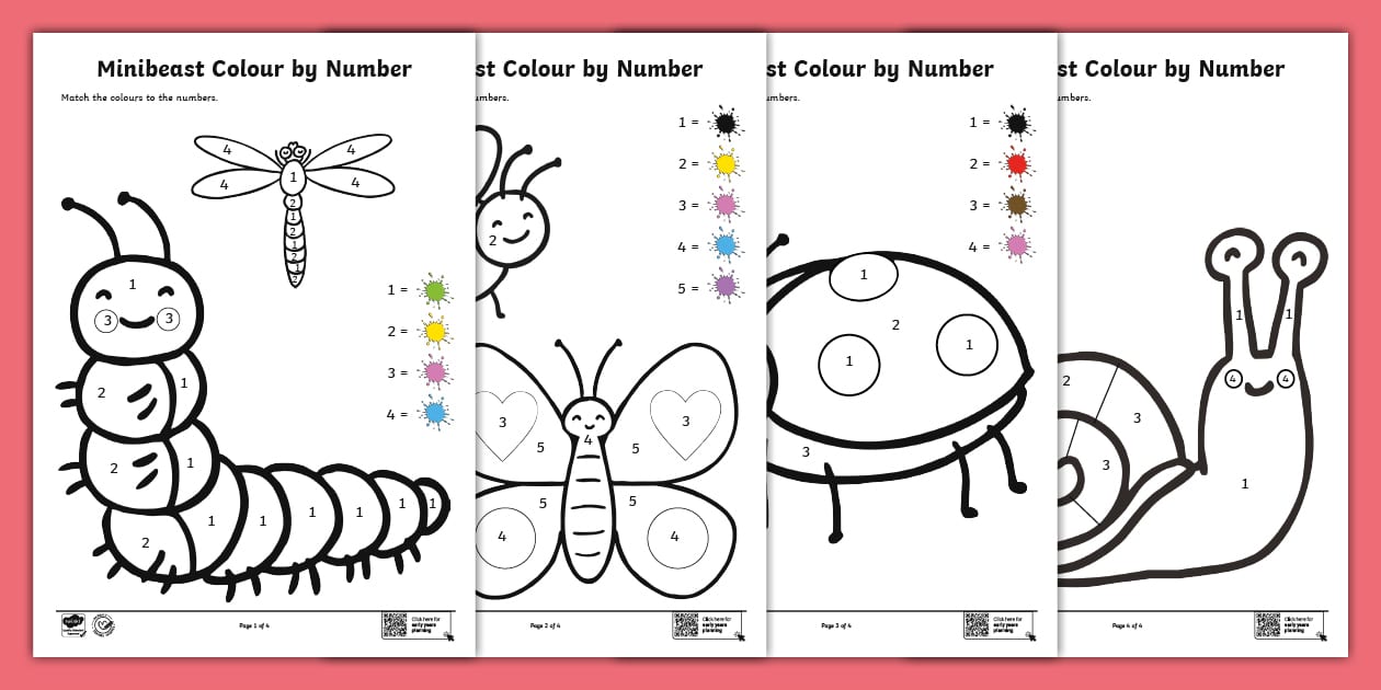 EYFS Colour by Number Minibeasts Worksheets - Twinkl