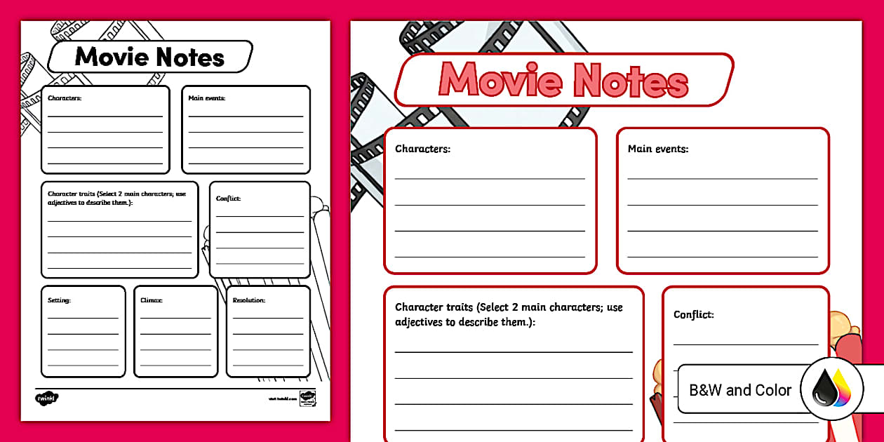 Movie Notes Graphic Organizer for 6th-8th Grade - Twinkl