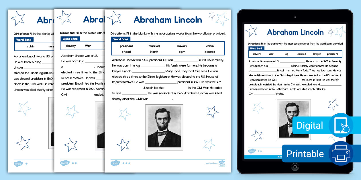 Kindergarten Abraham Lincoln Differentiated Cloze Reading