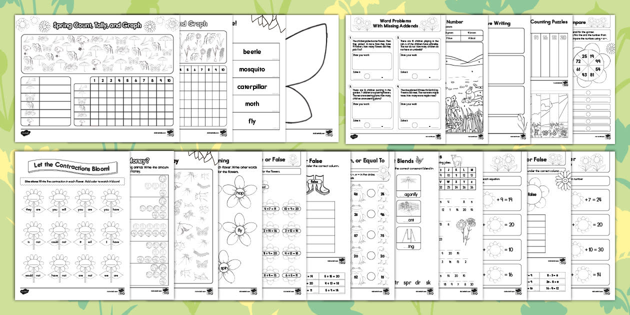 First Grade Spring Math and Literacy No-Prep Printable Packet