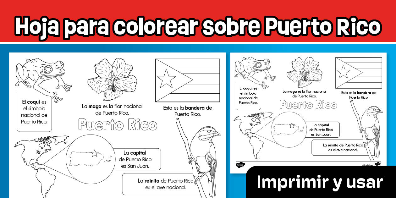 Hoja para colorear con datos sobre Puerto Rico