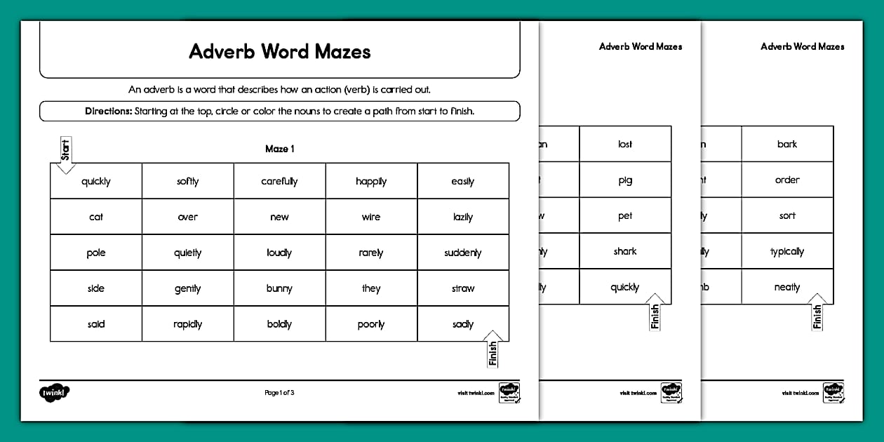 Adverb Word Mazes for 1st-2nd Grade (teacher made) - Twinkl