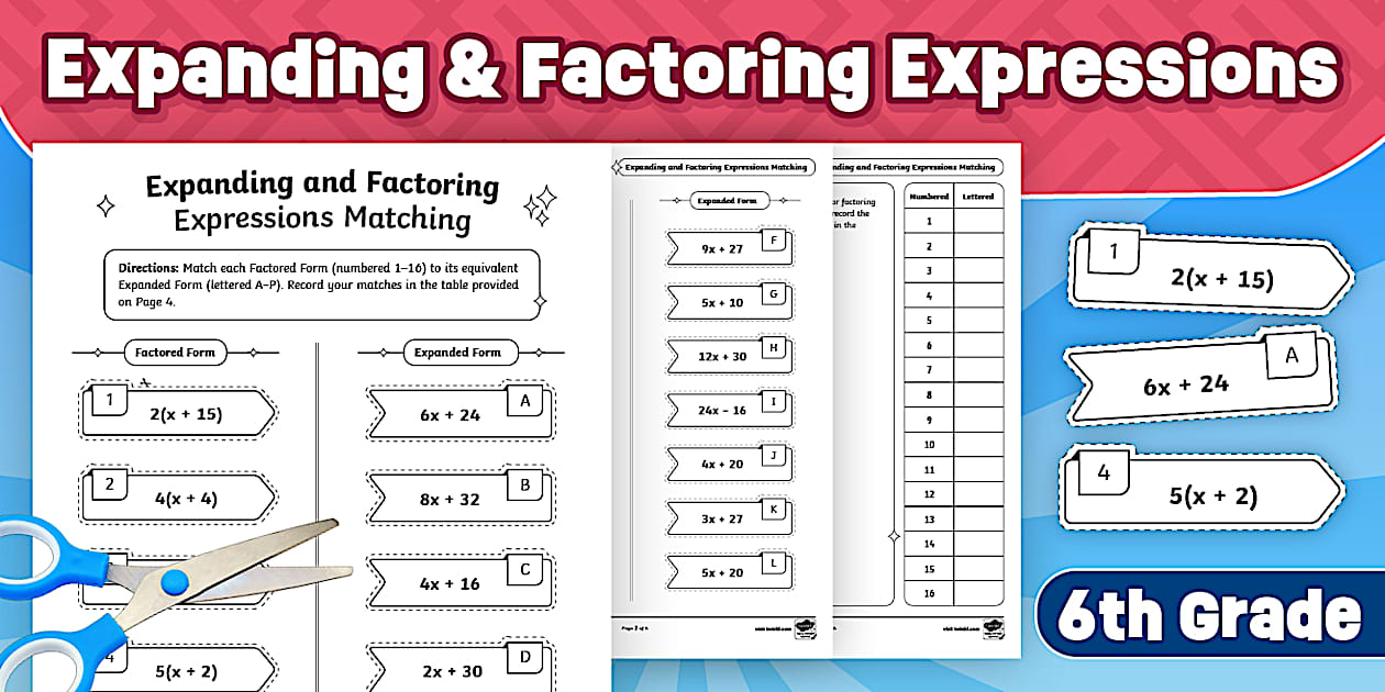 Expanding and Factoring Expressions Matching Workshee