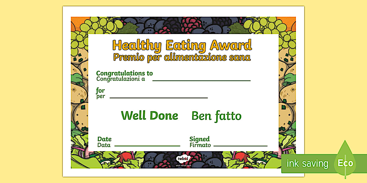 Healthy Eating Award Certificates English/Italian - Twinkl