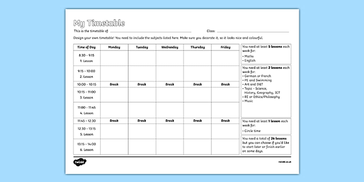 Make a school timetable worksheet- easy to print. - Twinkl