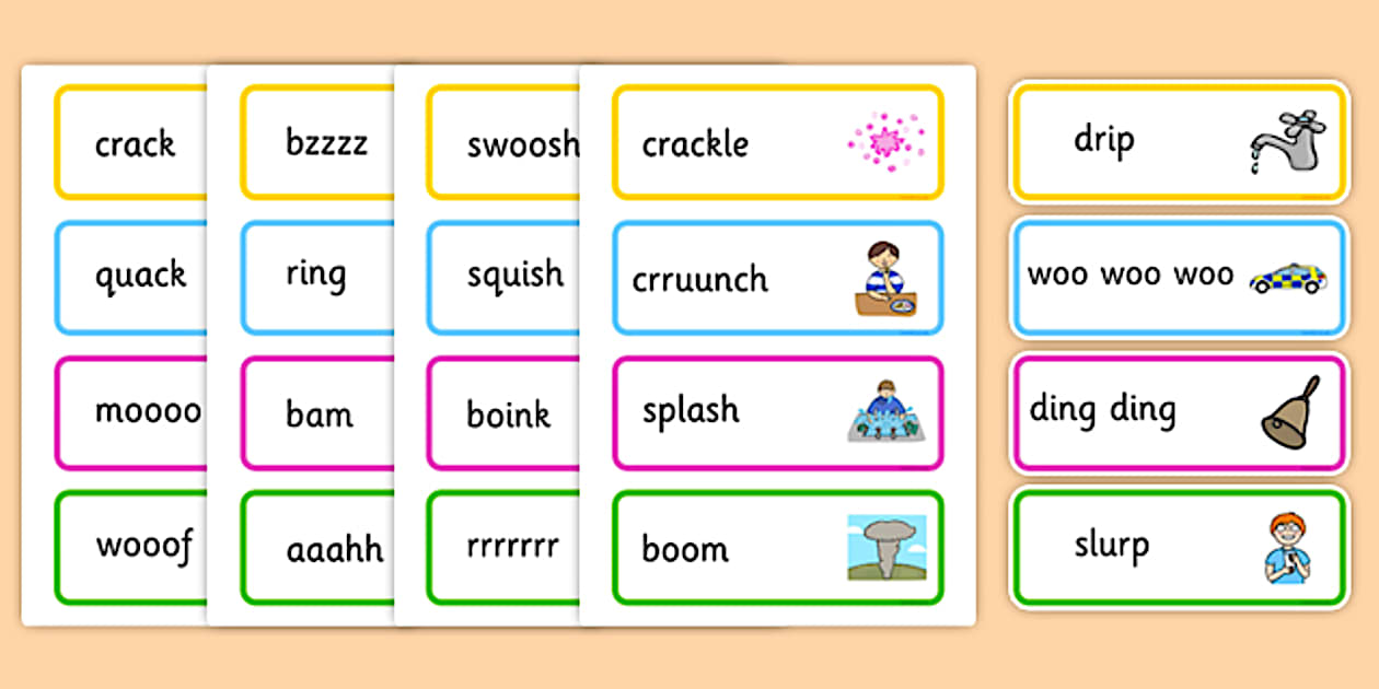 Onomatopoeia Word Cards | Primary English Resource - Twinkl