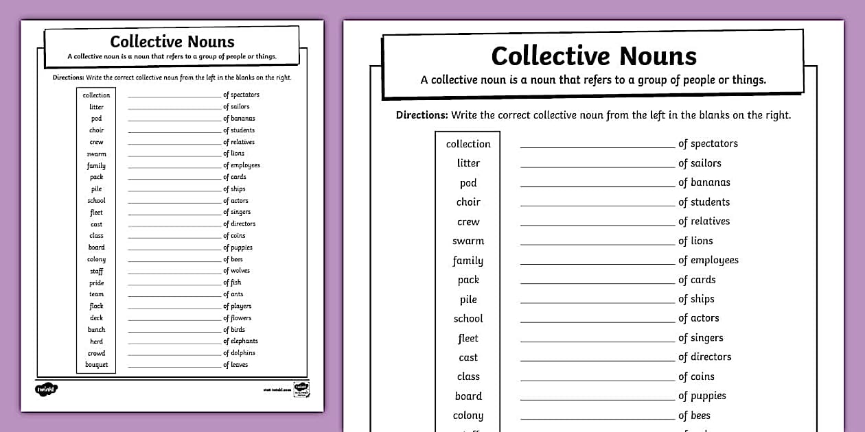 Collective Nouns Matching Worksheet for 6th-8th Grade